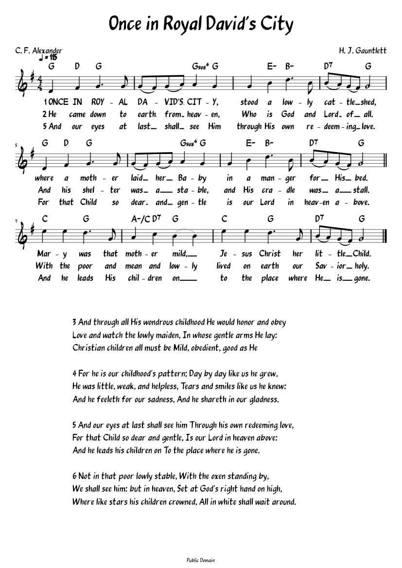Once In Royal David's City (Lead sheet with lyrics ) Sheet Music with Chords for Piano (Solo ...