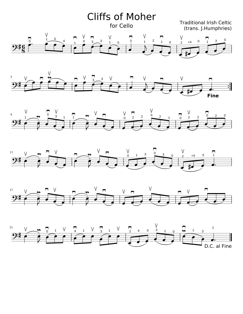 Cliffs of Moher CELLO WITH FINGERINGS Sheet Music for Cello (Solo ...