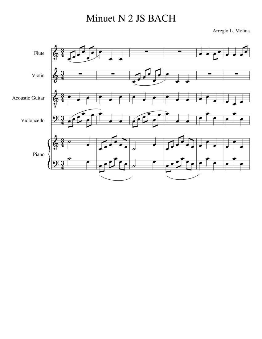 Minuet N 2 JS BACH Sheet music for Piano, Flute, Violin, Cello & more instruments (Mixed Quintet ...