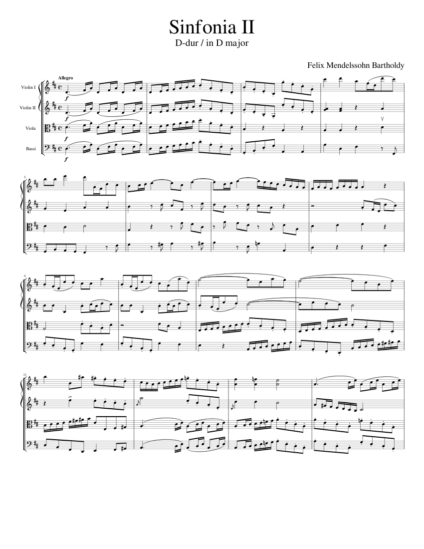 String Symphony No. 2 in D major M. 1 - Mendelssohn Sheet music for Contrabass, Violin, Viola ...