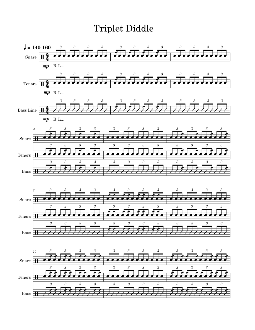 Triplet Diddle Sheet music for Snare drum, Tenor drum, Bass drum (Marching Band) | Musescore.com