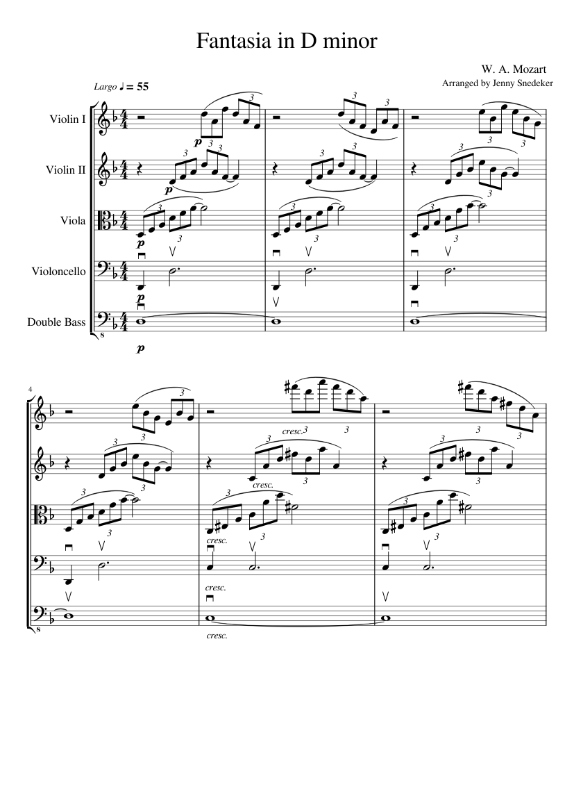 Fantasia in D minor Sheet music for Contrabass, Violin, Viola, Cello (String Quintet ...