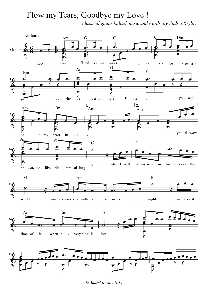 Flow my Tears, Goodbye my Love (guitar and voice) Sheet music for ...
