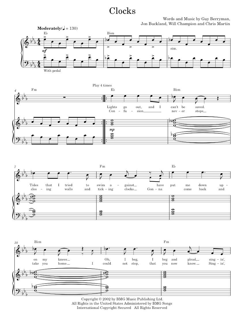 Play Official version of Clocks Sheet Music by Coldplay for Piano ...