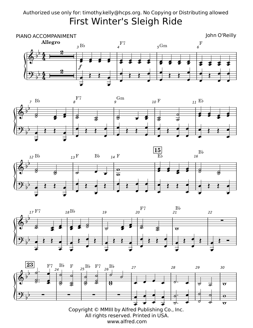 First Winter's Sleigh Ride - John O'Reilly Sheet Music with Chords for ...