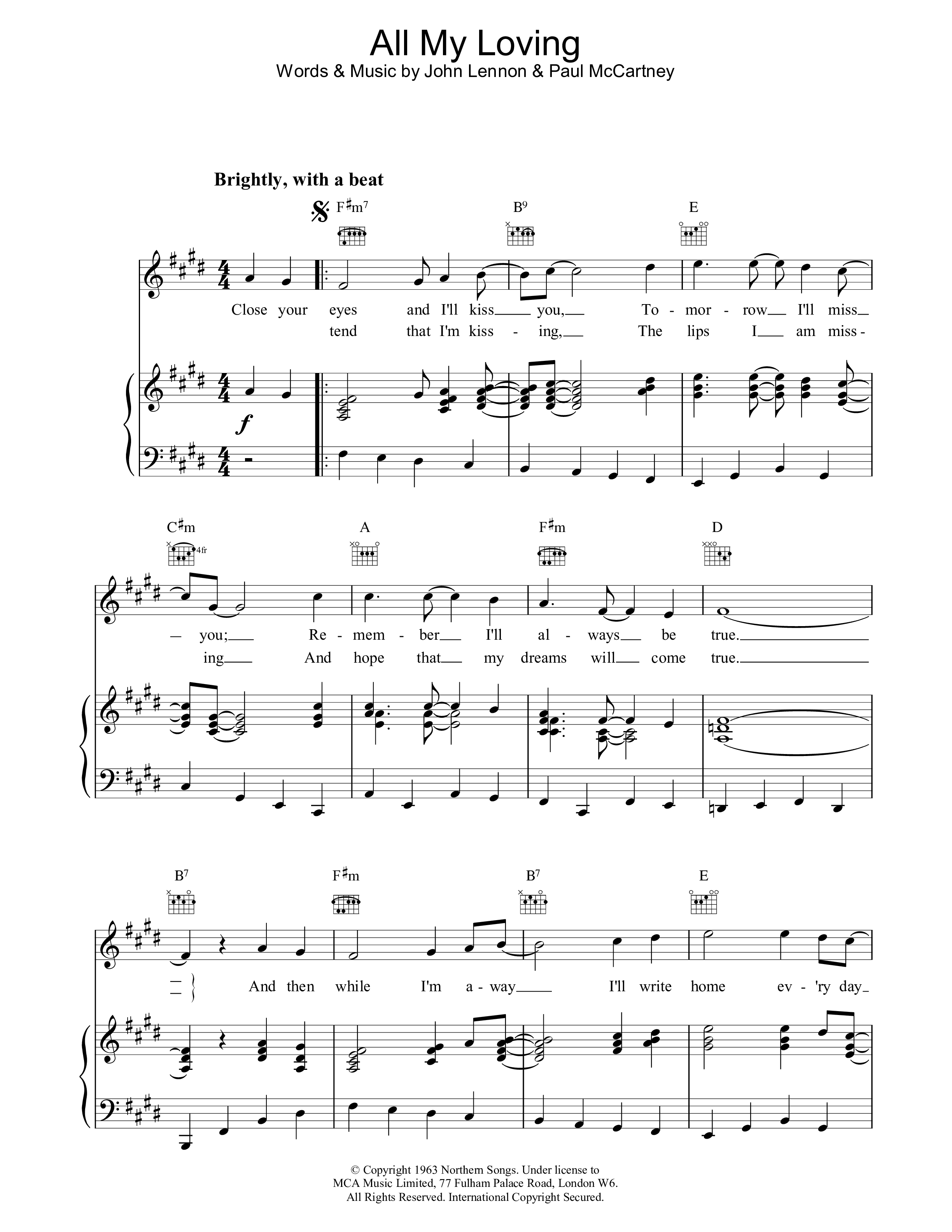 Play Official version of All my loving sheet music by The Beatles for ...