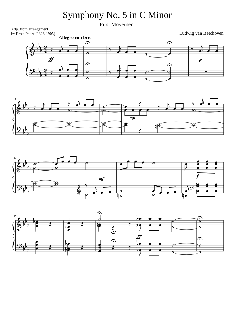 Beethoven Symphony No. 5 (1st movement) Piano solo Sheet music for ...