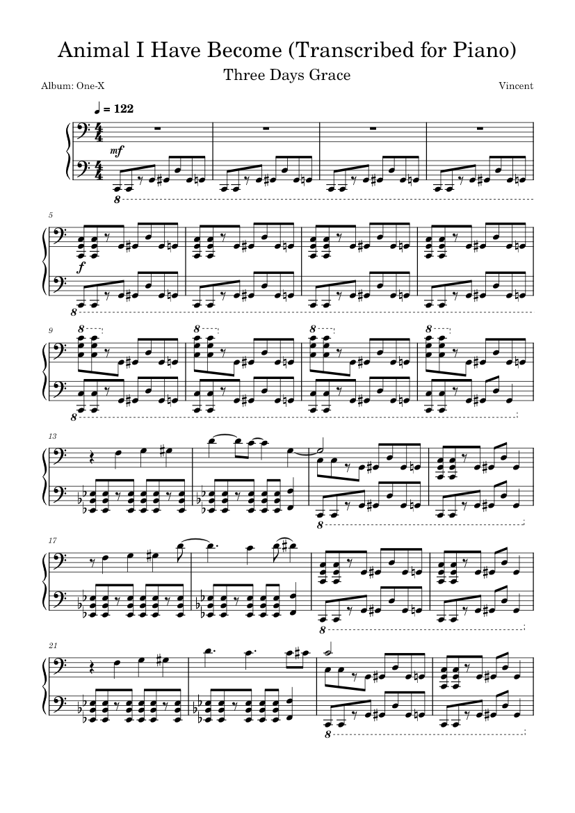 Three Days Grace - Animal I Have Become (Transcribed for Piano) Sheet ...