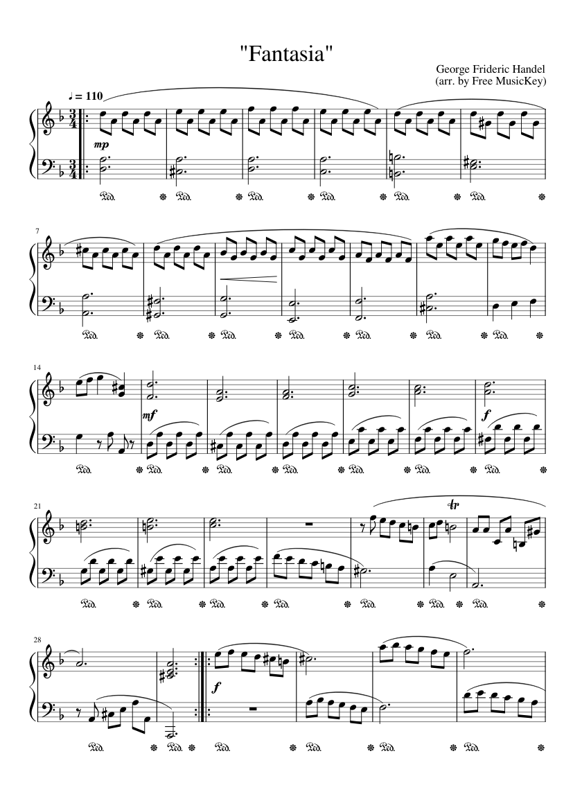 George Frideric Handel "Fantasia" Easy Piano (arr. by Free MusicKey) Sheet Music for Piano (Solo ...