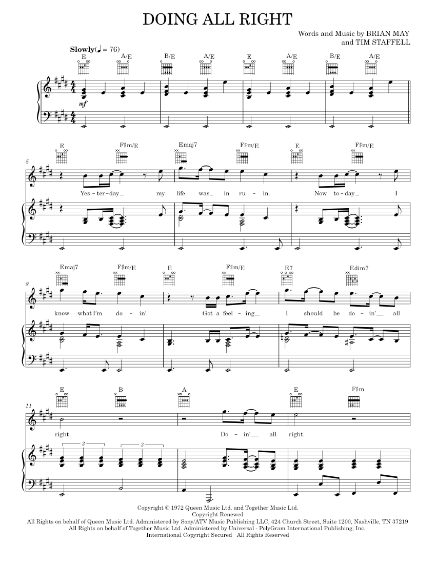 doing all right Sheet music for Piano, Vocals by Queen Official ...