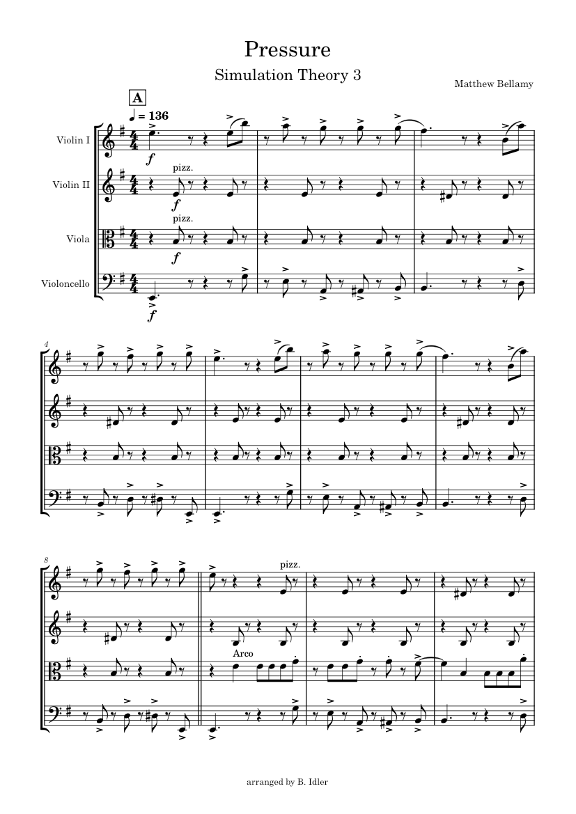 Pressure – Muse Sheet music for Violin, Viola, Cello (String Ensemble ...