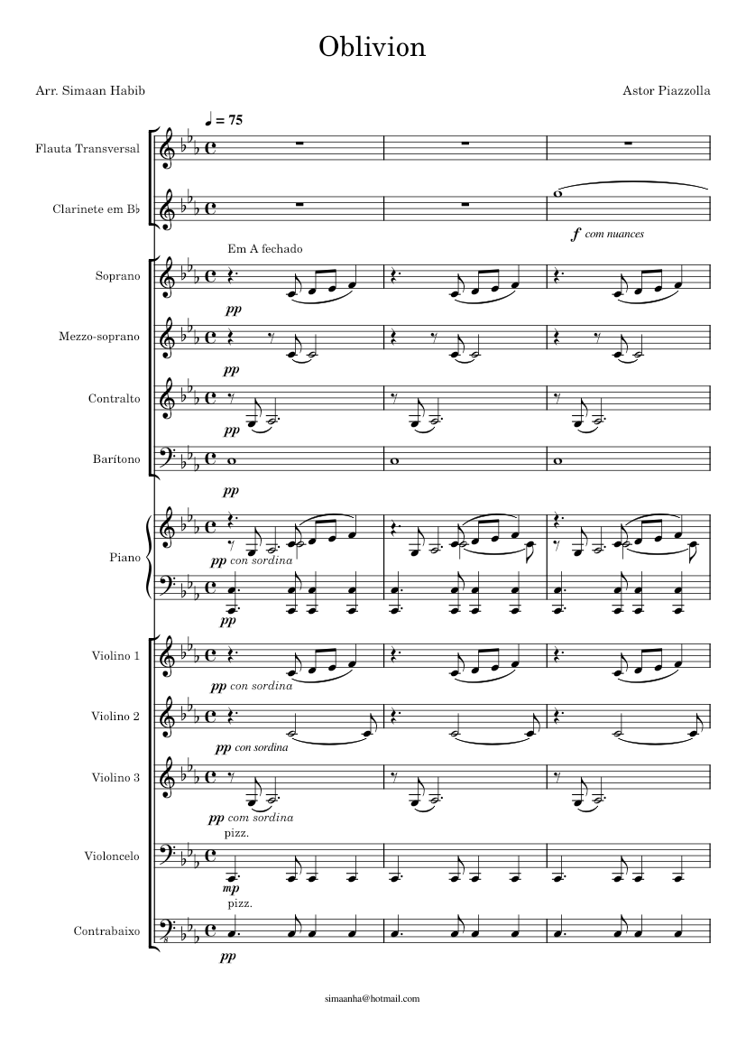 Oblivion 2 Sheet Music for Piano, Flute, Contrabass, Violin & more instruments (Mixed Ensemble ...