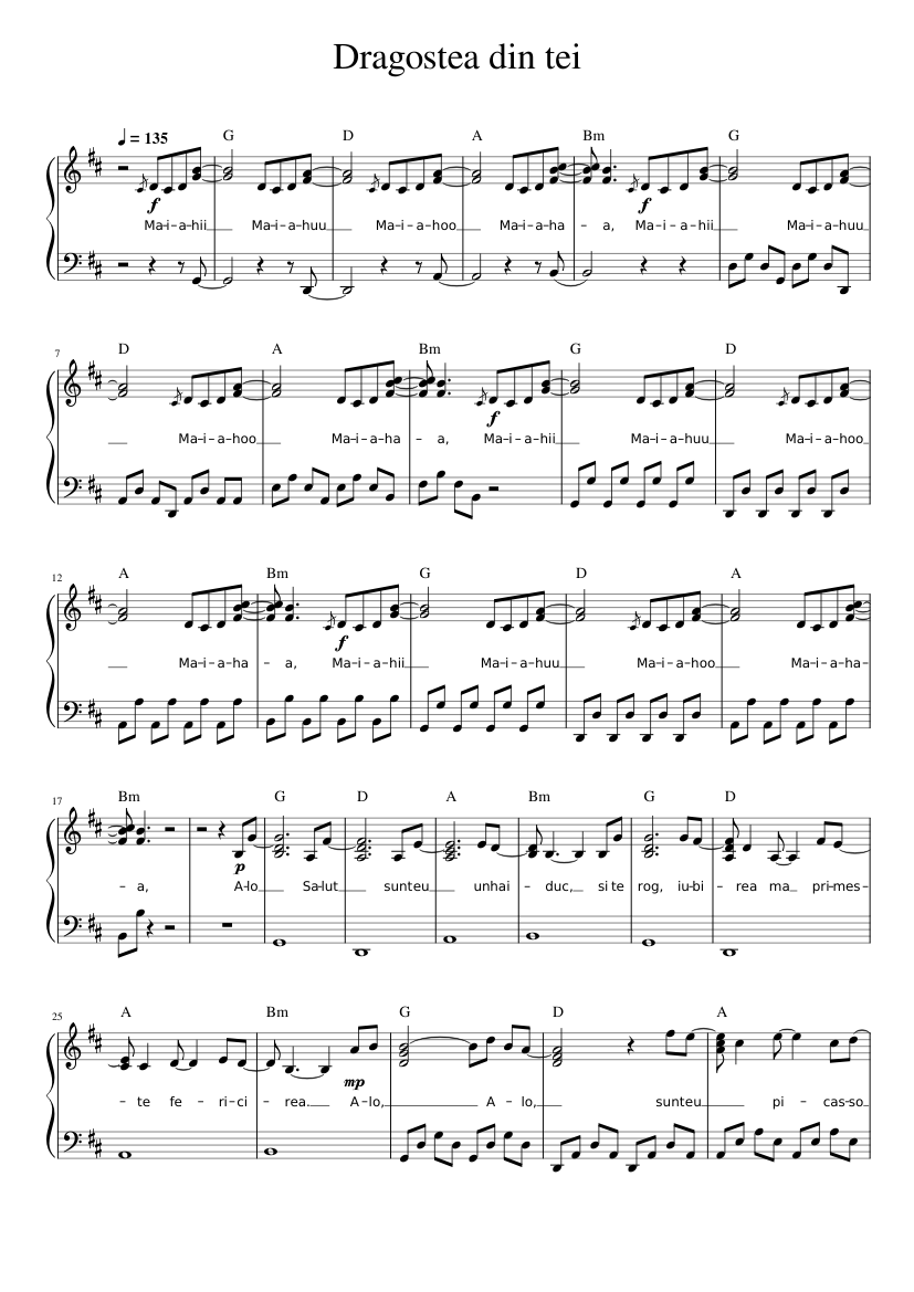 Dragostea din tei Sheet Music with Chords for Piano (Solo) | MuseScore.com