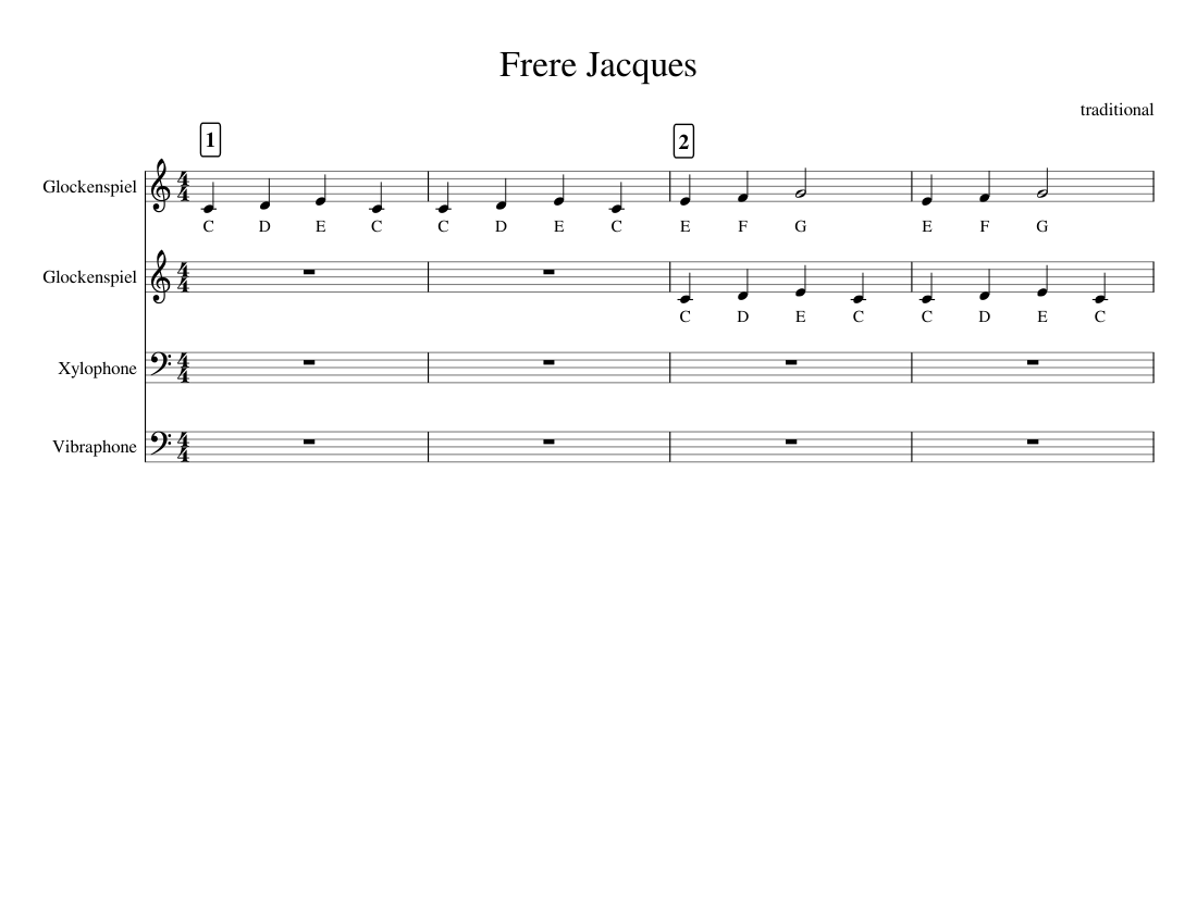 Frere Jacques Sheet Music for Vibraphone, Glockenspiel, Xylophone ...