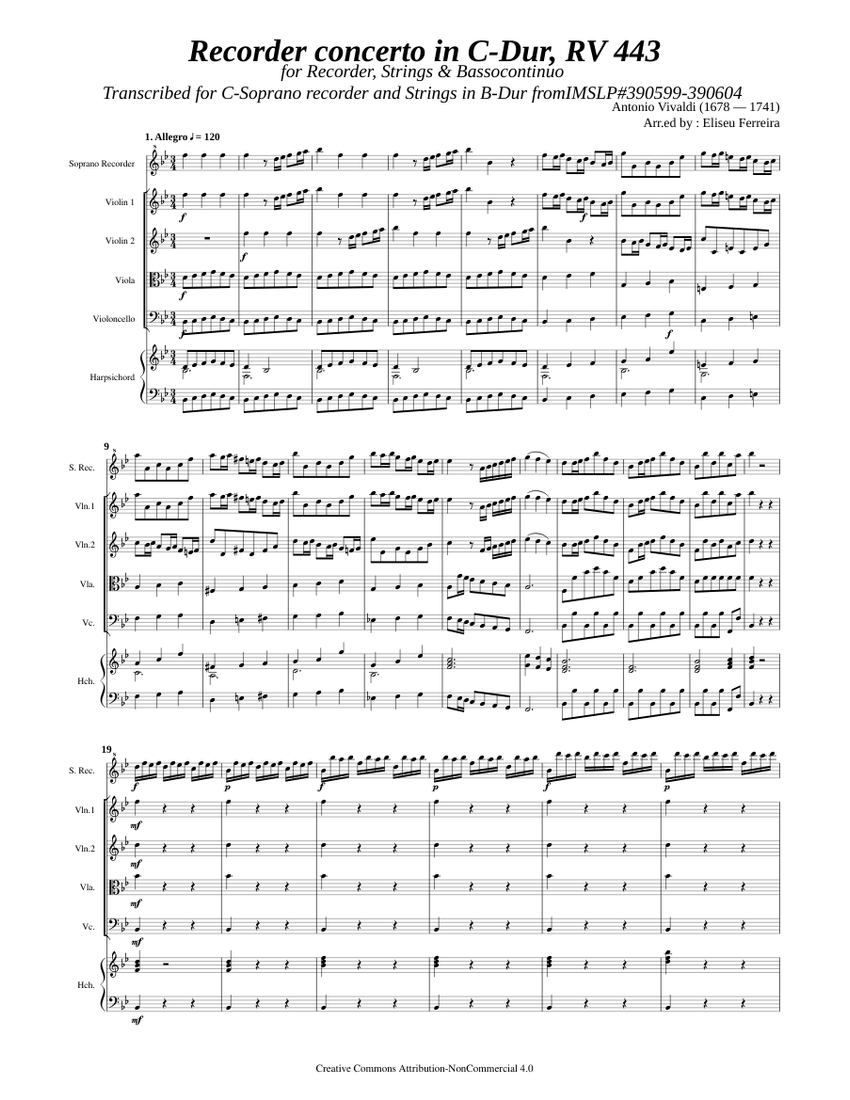 Vivaldi, A. _ Recorder Concerto C-Dur, RV 443 [Rec, Strings] Sheet music for Harpsichord, Violin ...