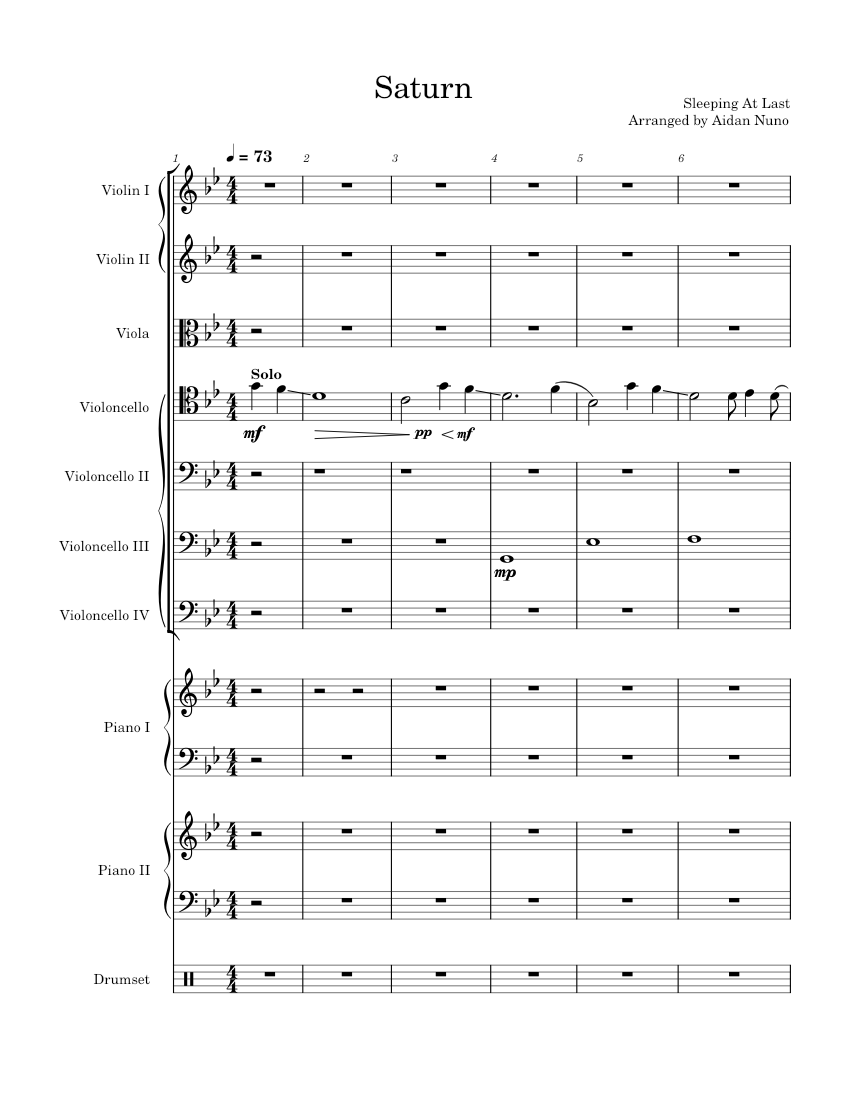 Saturn – Sleeping at Last Saturn – Violin and Violoncello Solo Sheet music for Piano, Viola ...