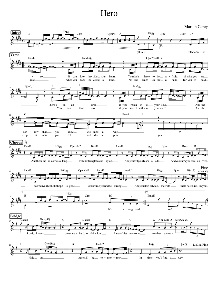 Hero Mariah Carey Lead Sheet Sheet music for Piano (Solo) Easy ...