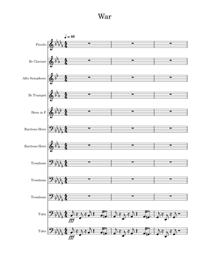 War Sheet music for Trombone, Tuba, Flute piccolo, Clarinet in b-flat ...