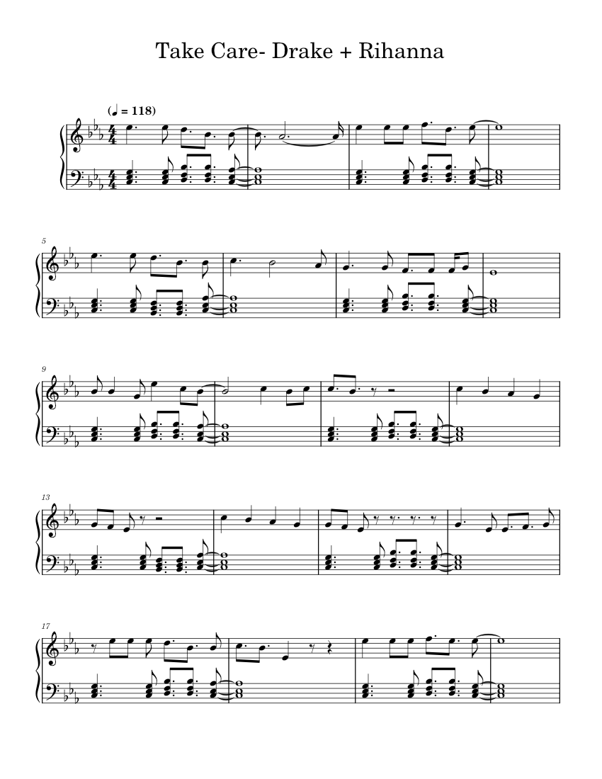Drake + Rihanna - Take Care Sheet Music for Piano (Solo) Easy ...