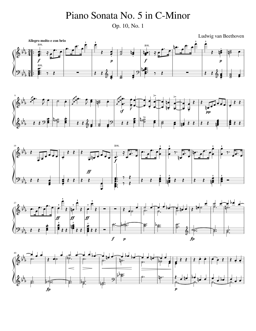 Beethoven Piano Sonata No. 5 in C-Minor, Op. 10, No. 1 Sheet Music for ...