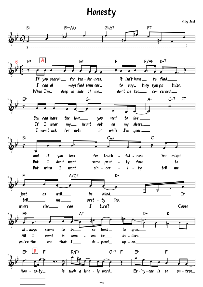 Honesty (Lead sheet with lyrics ) Sheet Music for Piano (Solo ...