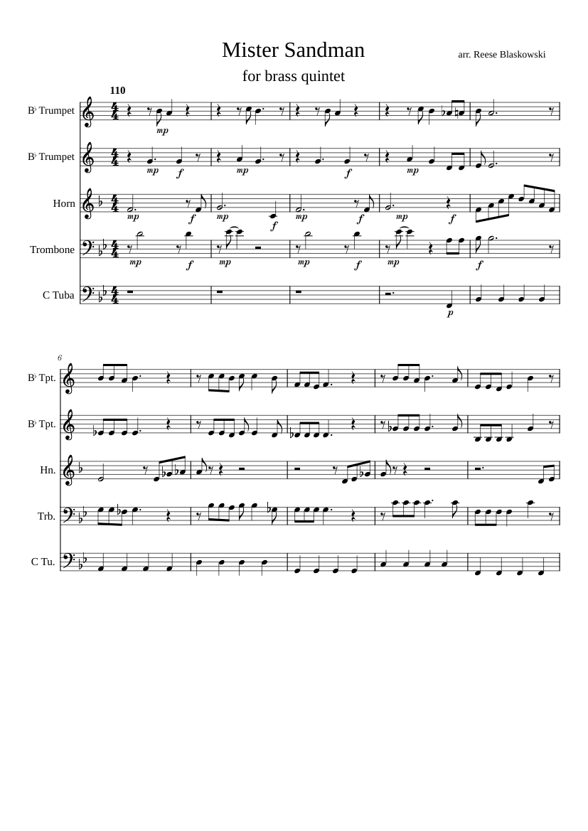 Mr. Sandman – The Chordettes Mister Sandman for Brass Quintet Sheet ...