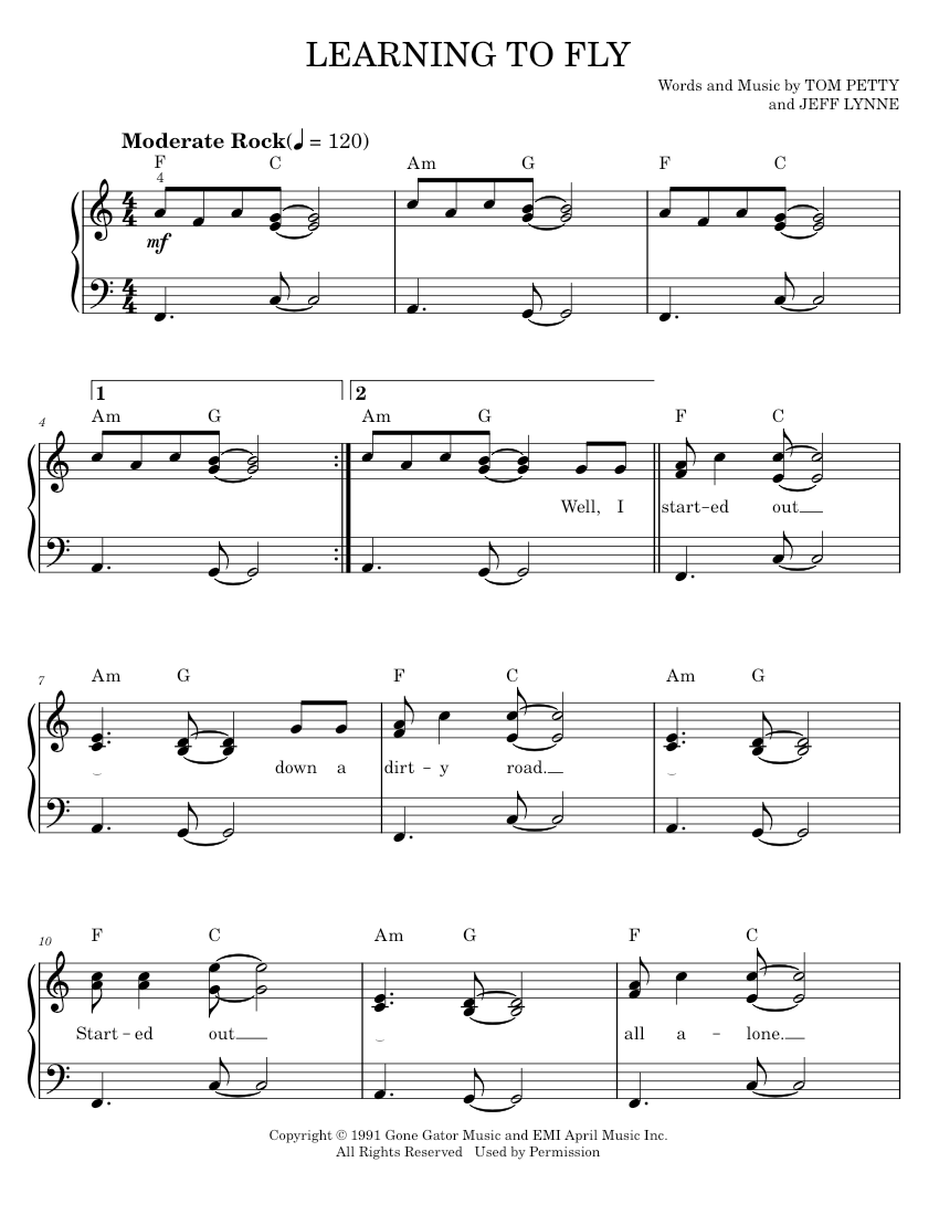 Play Official version of Learning to fly sheet music by Tom Petty for ...