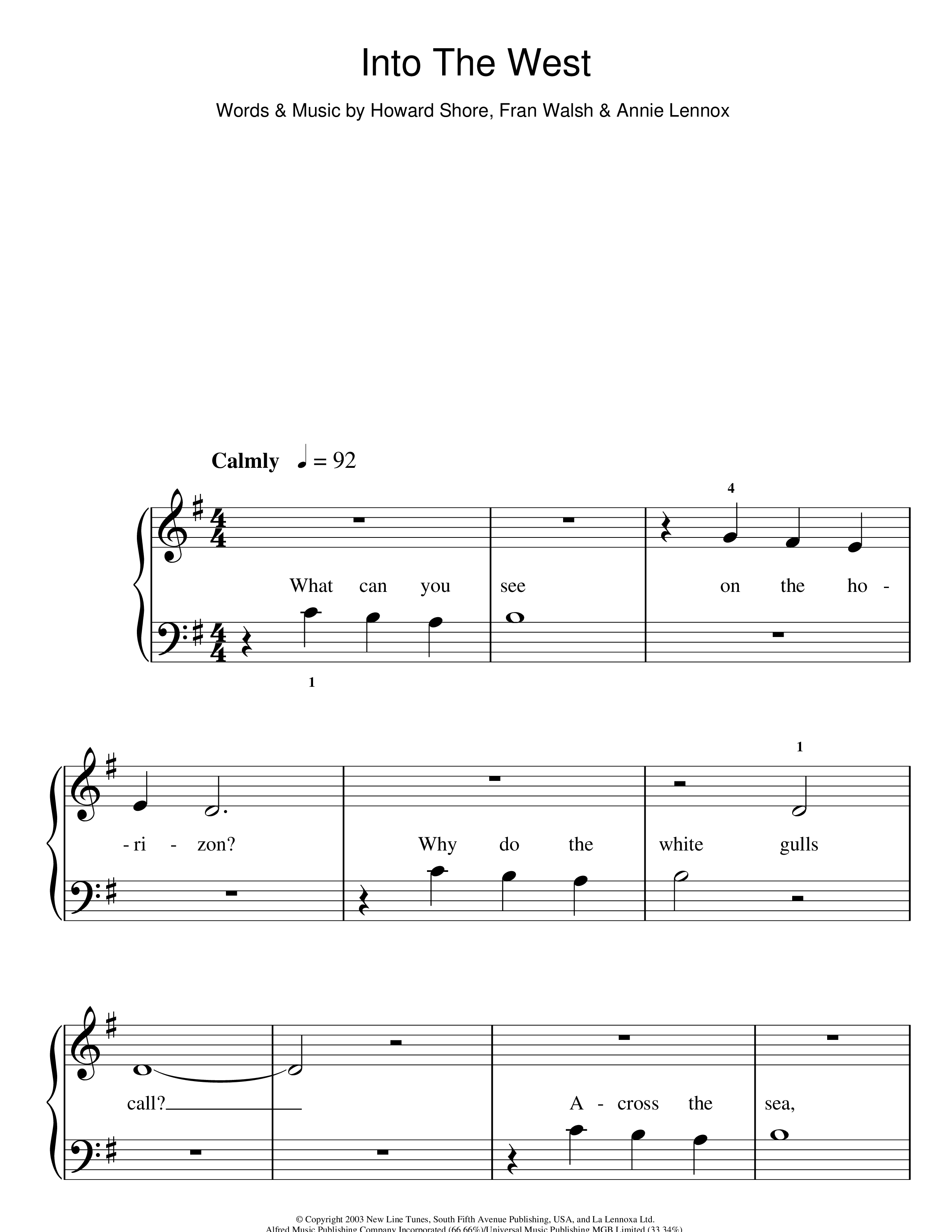 Play Official version of Into the west sheet music by Annie Lennox for ...
