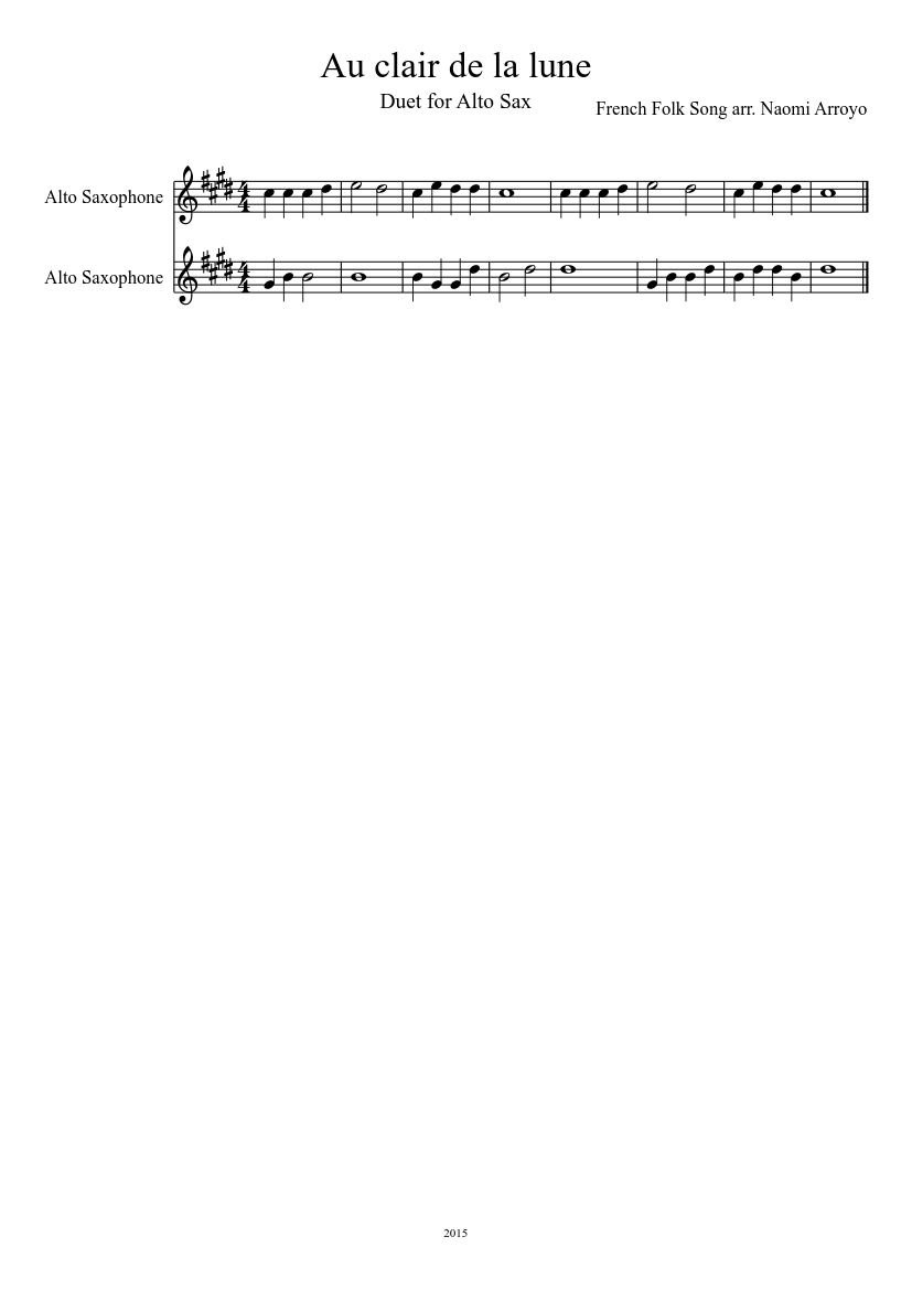 Au claire de la lune Duet for Alto Sax Sheet music for Saxophone alto ...