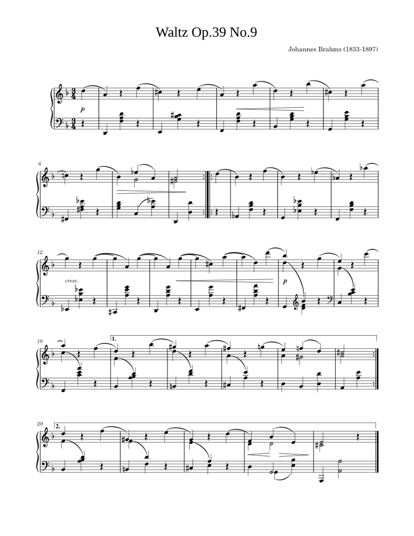 Waltz in D Minor, Op.39, No.9 – Johannes Brahms Sheet music for Piano (Solo) Easy | Musescore.com