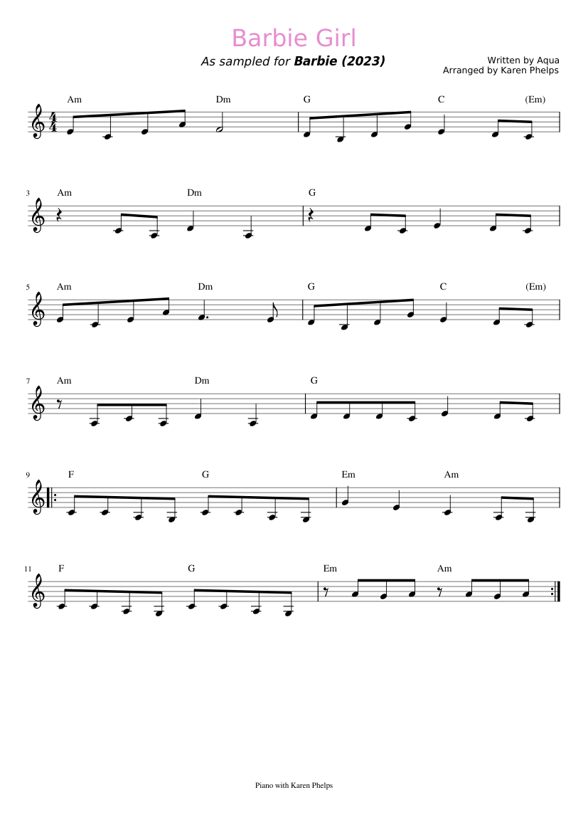 Barbie Girl - Aqua Sheet music for Piano (Solo) Easy | Musescore.com