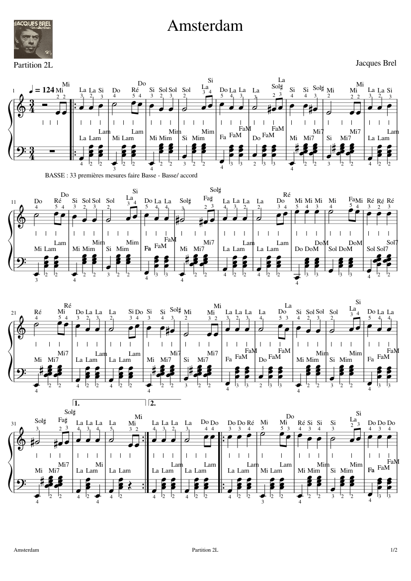 Amsterdam – Jacques Brel - 1964 Sheet Music for Accordion (Solo ...