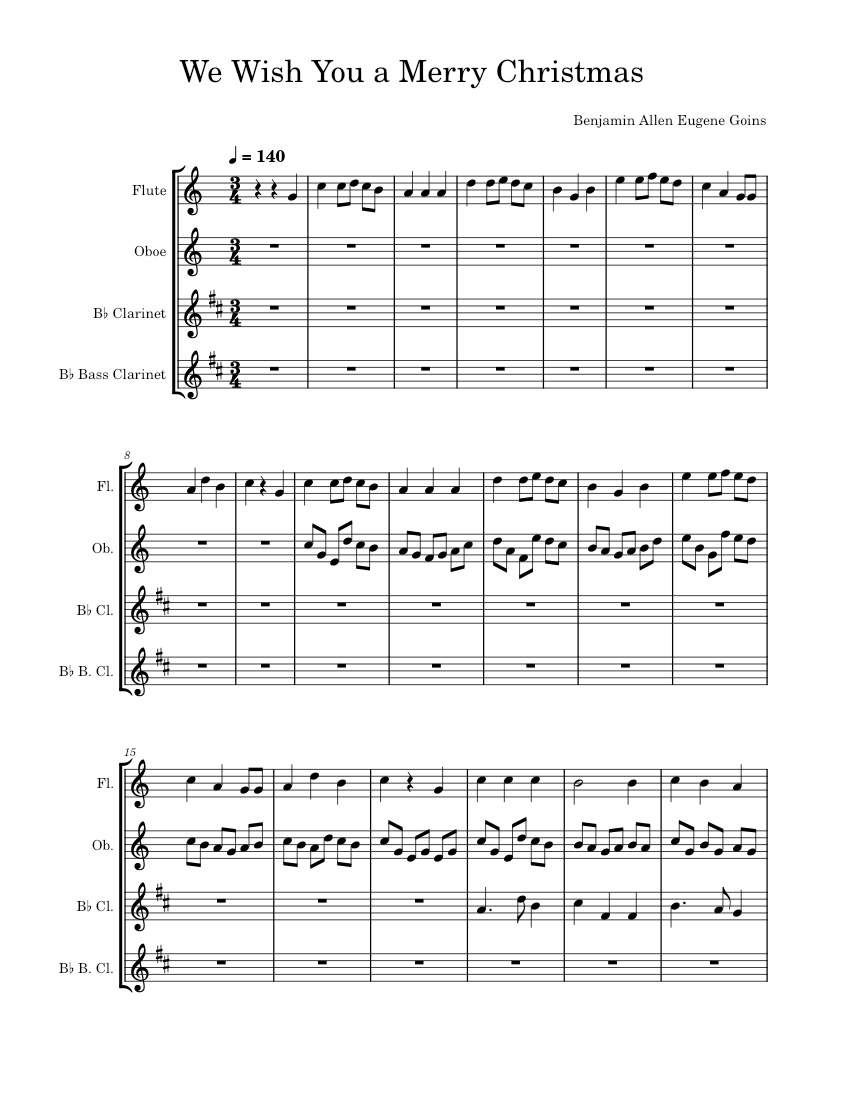 We Wish You a Merry Christmas Sheet music for Flute, Oboe, Clarinet in ...