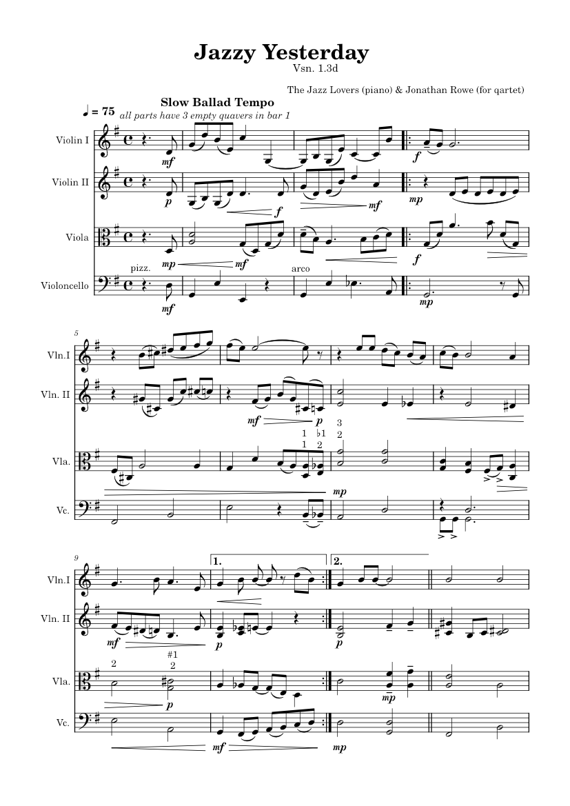 Jazzy Yesterday Sheet music for Violin, Viola, Cello (String Quartet ...