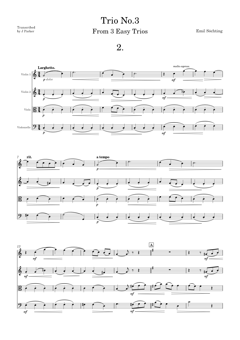 Easy Trios - Op.54, No. 3 arr String Quartet Mvt 2 – Emil Söchting SCORE Sheet music for Violin ...
