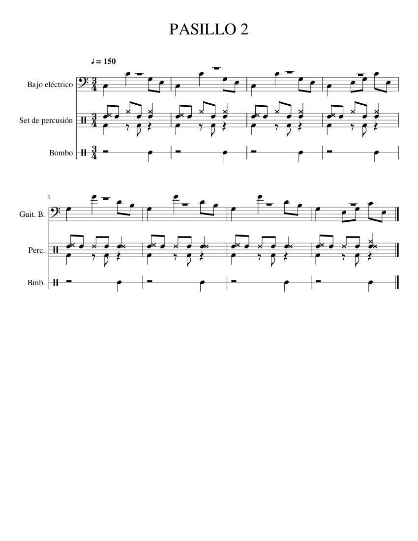 PASILLO 2 Sheet music for Bass guitar, Drum group, Bass drum (Mixed ...
