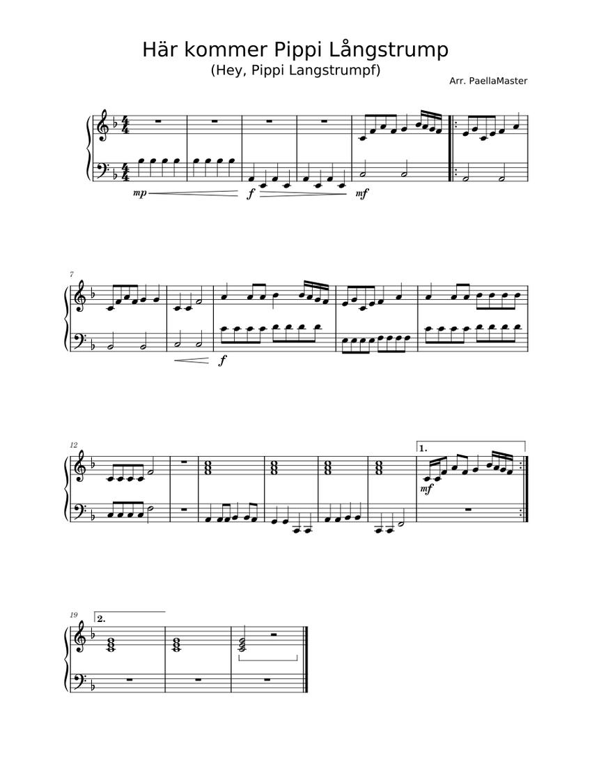 Hey Pippi Langstrumpf – Misc Children (Solo for Piano, Easy) Sheet ...