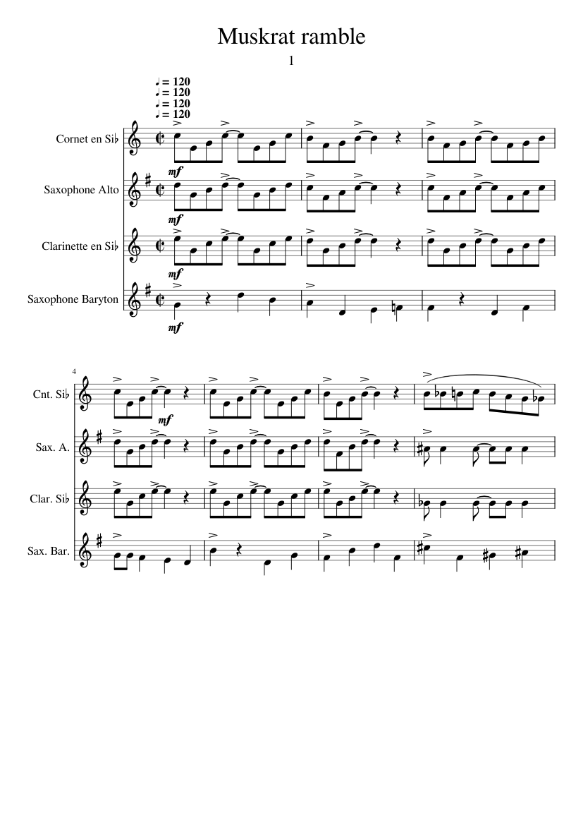 Muskrat ramble quartet Sheet music for Cornet, Clarinet in b-flat ...
