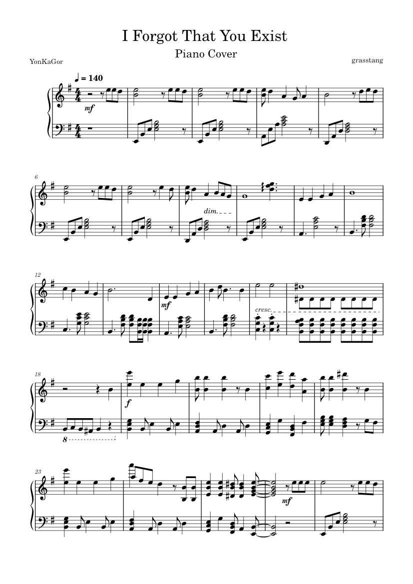 I Forgot That You Exist – YonKaGor | Piano Cover Sheet Music for Piano ...