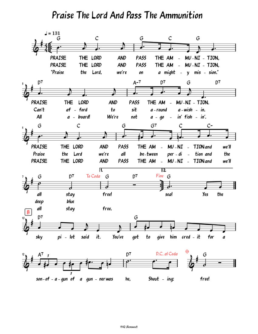 Praise the Lord and Pass the Ammunition (Lead sheet with lyrics ...