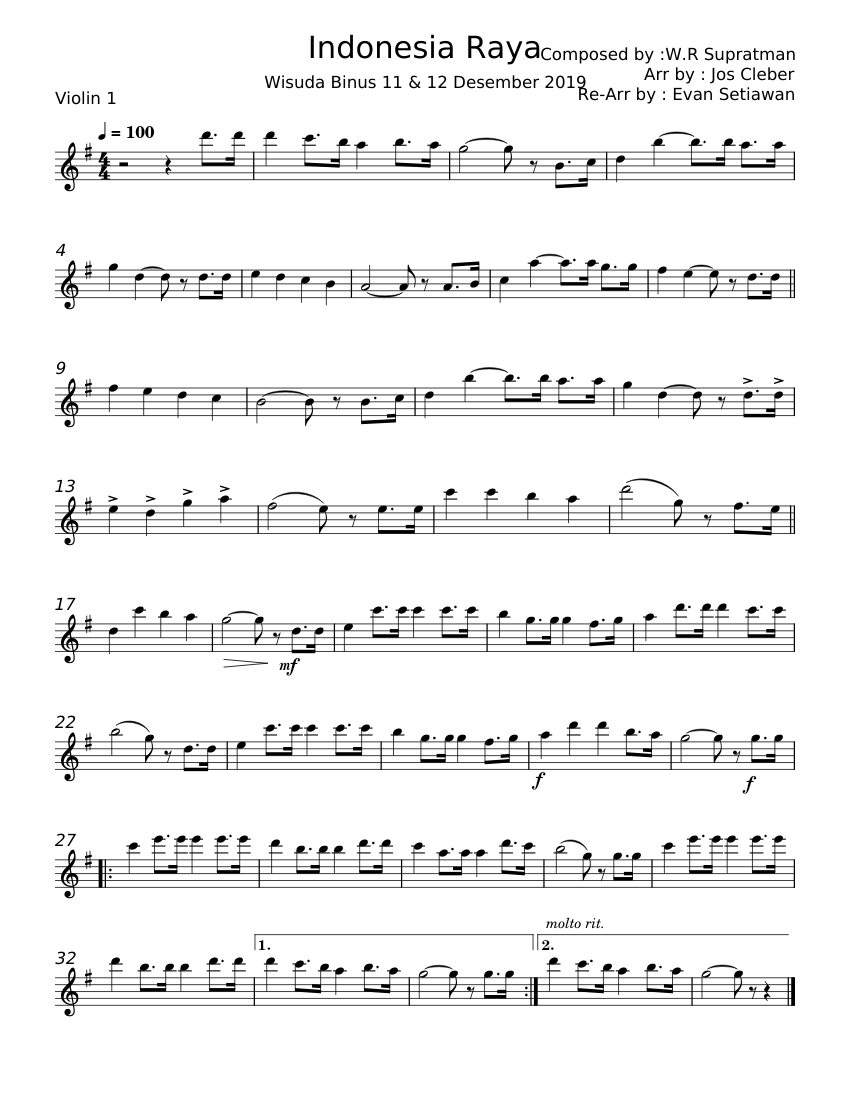 Indonesia Raya - Misc Traditional Sheet Music for Violin (Solo ...