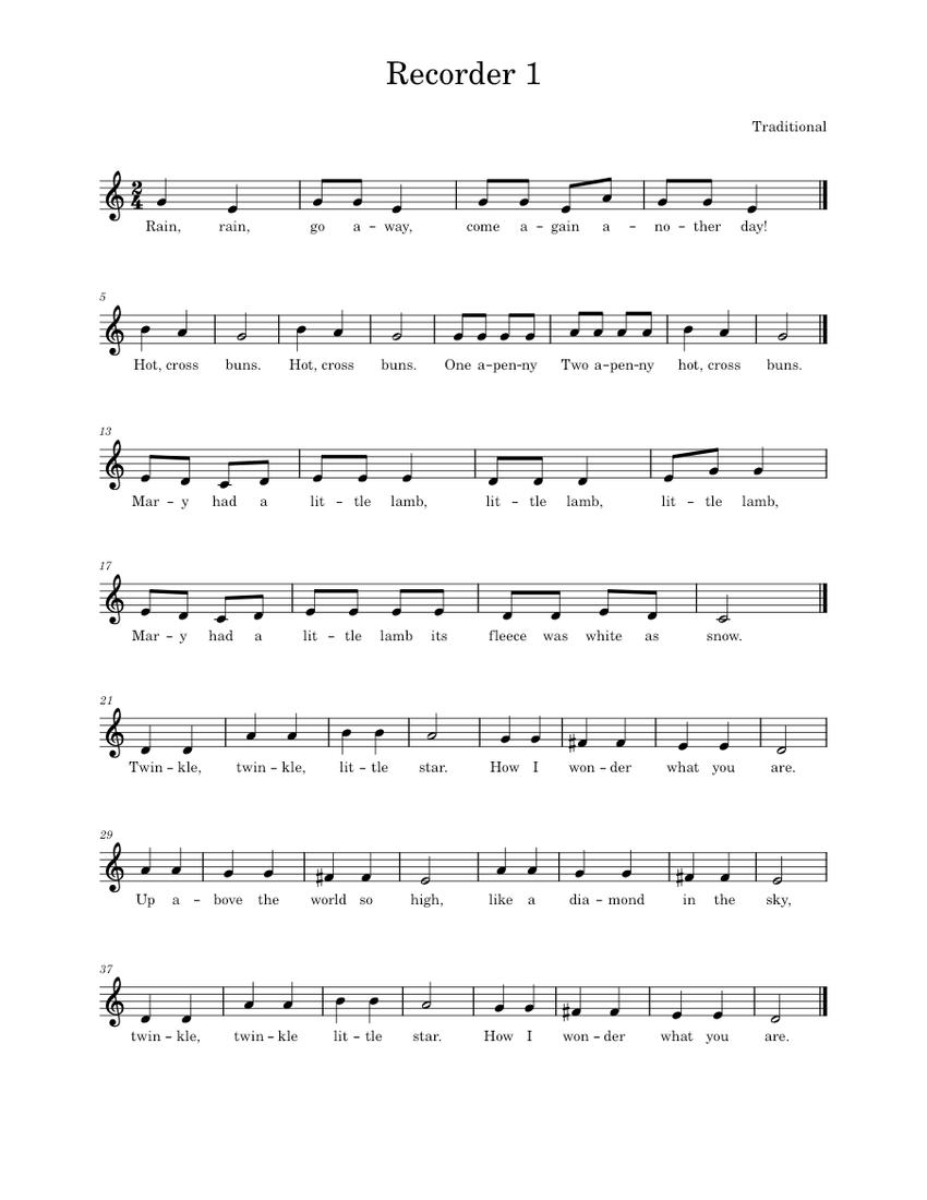 Recorder 1 Songs – Traditional Sheet music for Piano (Solo) | Musescore.com