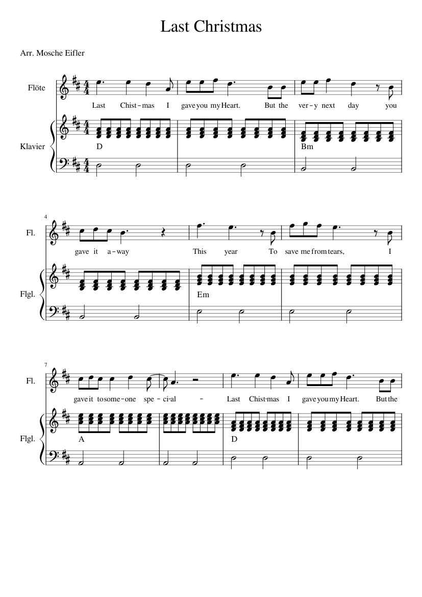 Last Christmas FOR PIANO AND FLUTE Sheet Music with Chords for Piano ...
