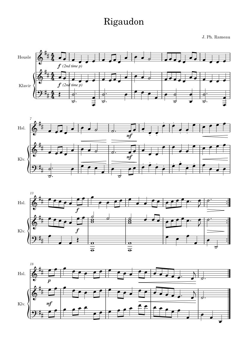 Rigaudon – Jean-Philippe Rameau Sheet Music for Piano, Violin (Solo ...