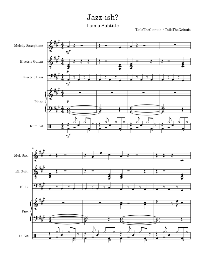 Jazz-ish? Sheet music for Piano, Saxophone tenor, Guitar, Bass guitar ...