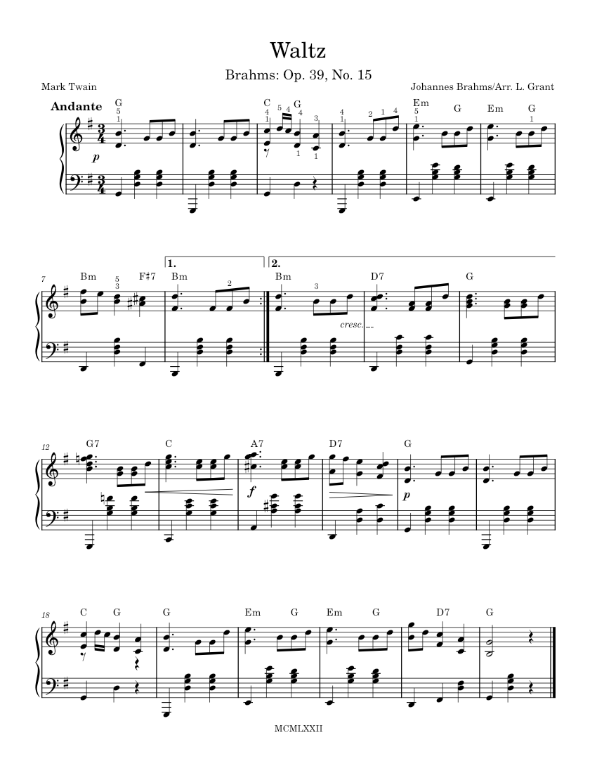 Waltz, Op. 39 No. 15 - Johannes Brahms Sheet music for Piano (Solo ...