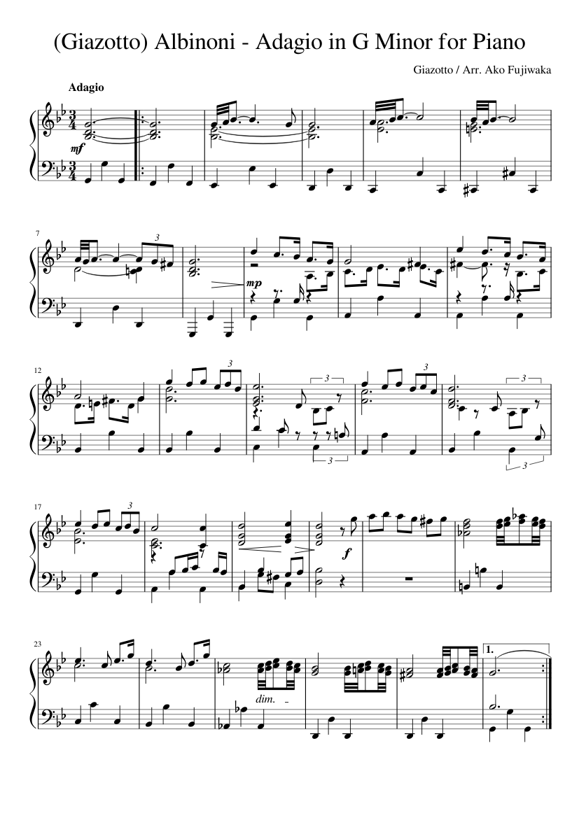 Albinoni Adagio in G Minor for Piano 2 Sheet Music for Piano (Solo ...