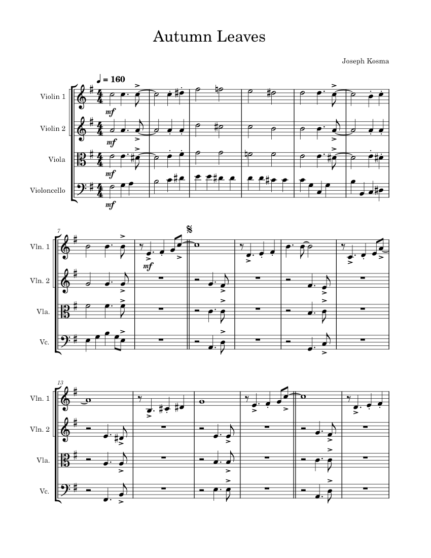 Autumn leaves – Joseph Kosma Sheet music for Violin, Viola, Cello ...