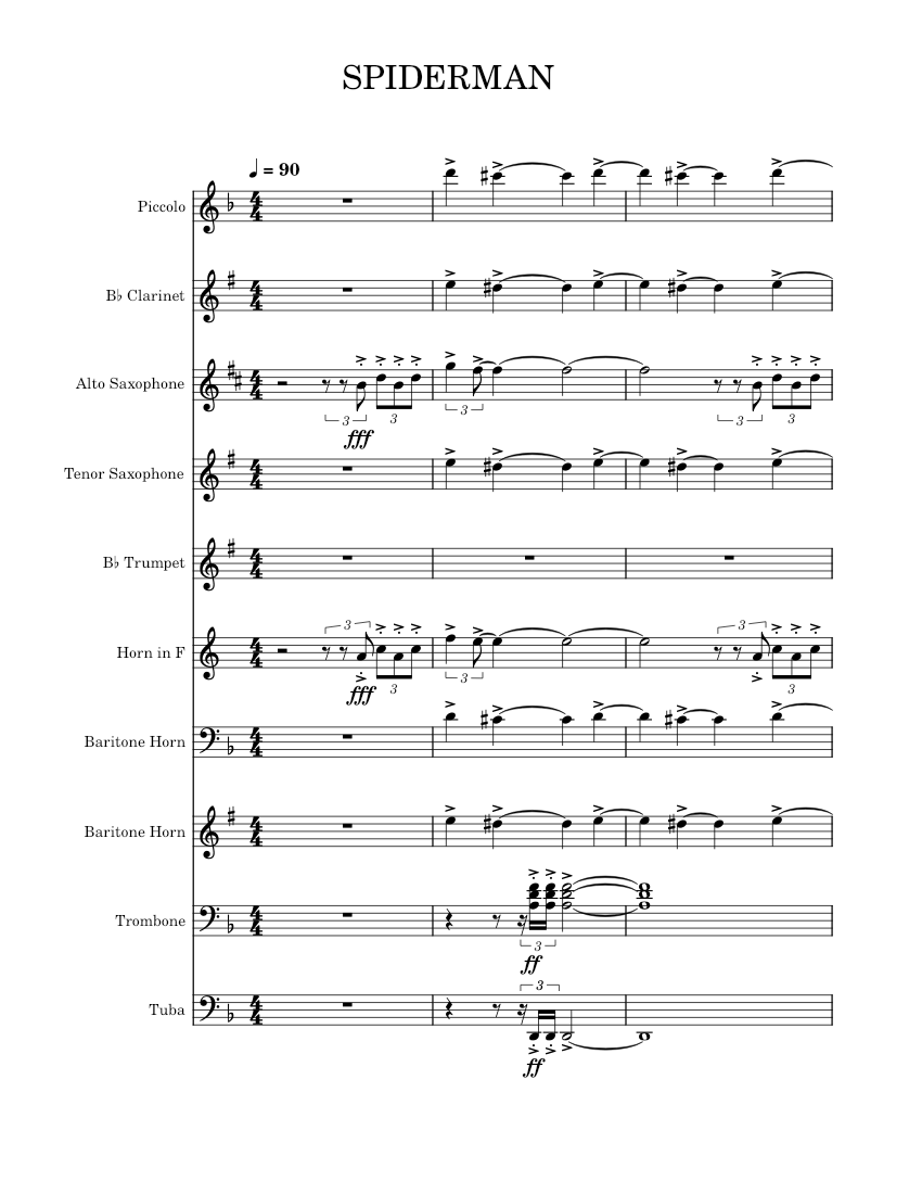 SPIDERMAN Sheet music for Trombone, Tuba, Flute piccolo, Clarinet in b ...