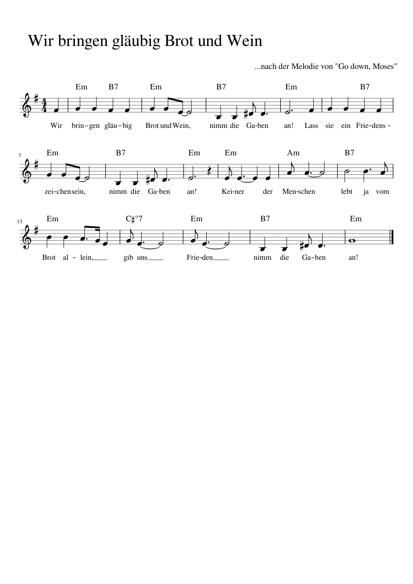 Wir bringen gläubig Brot und Wein Sheet music for Piano (Solo) Easy ...